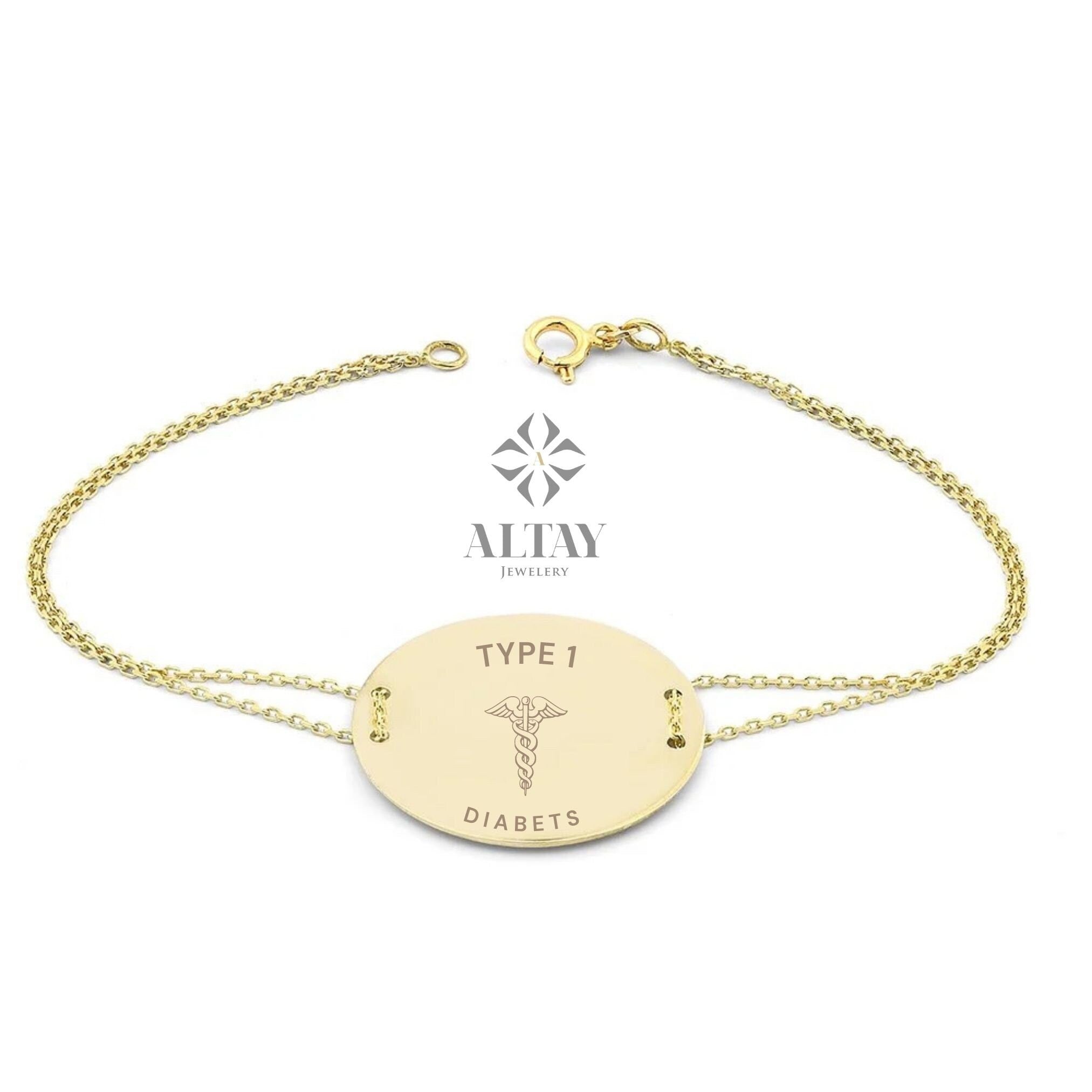 14K Gold Medical Alert ID Bracelet Personalized Engraved Emergency Bracelet