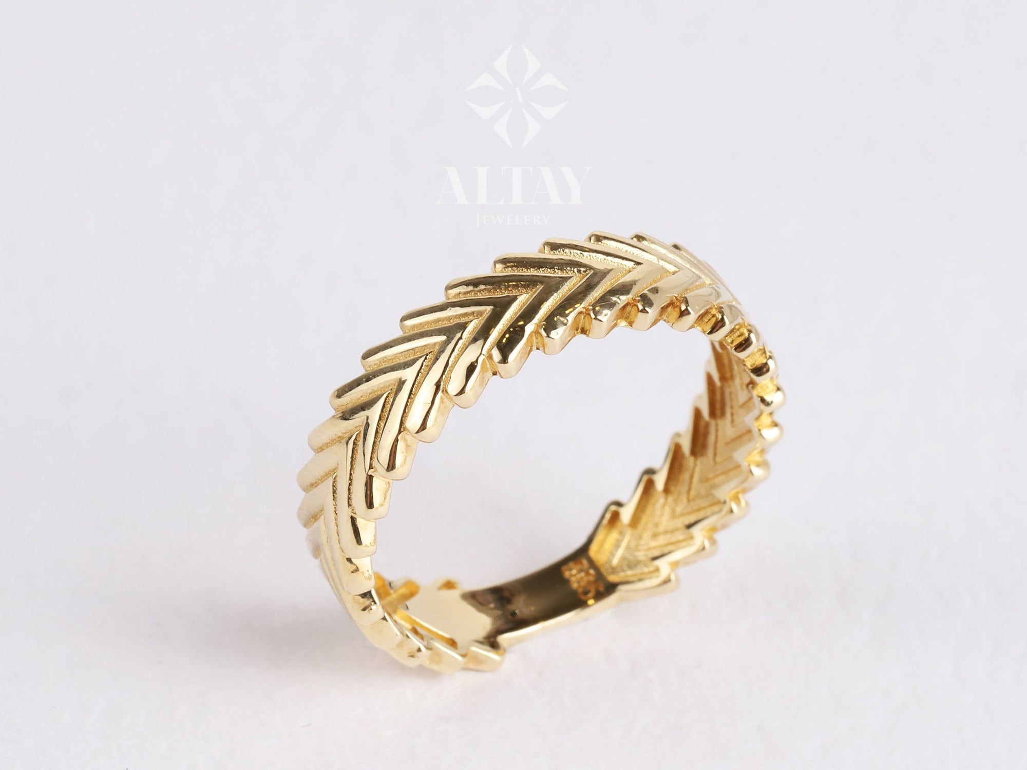 14K Gold Herringbone Ring, Arrow Braided Gold Band