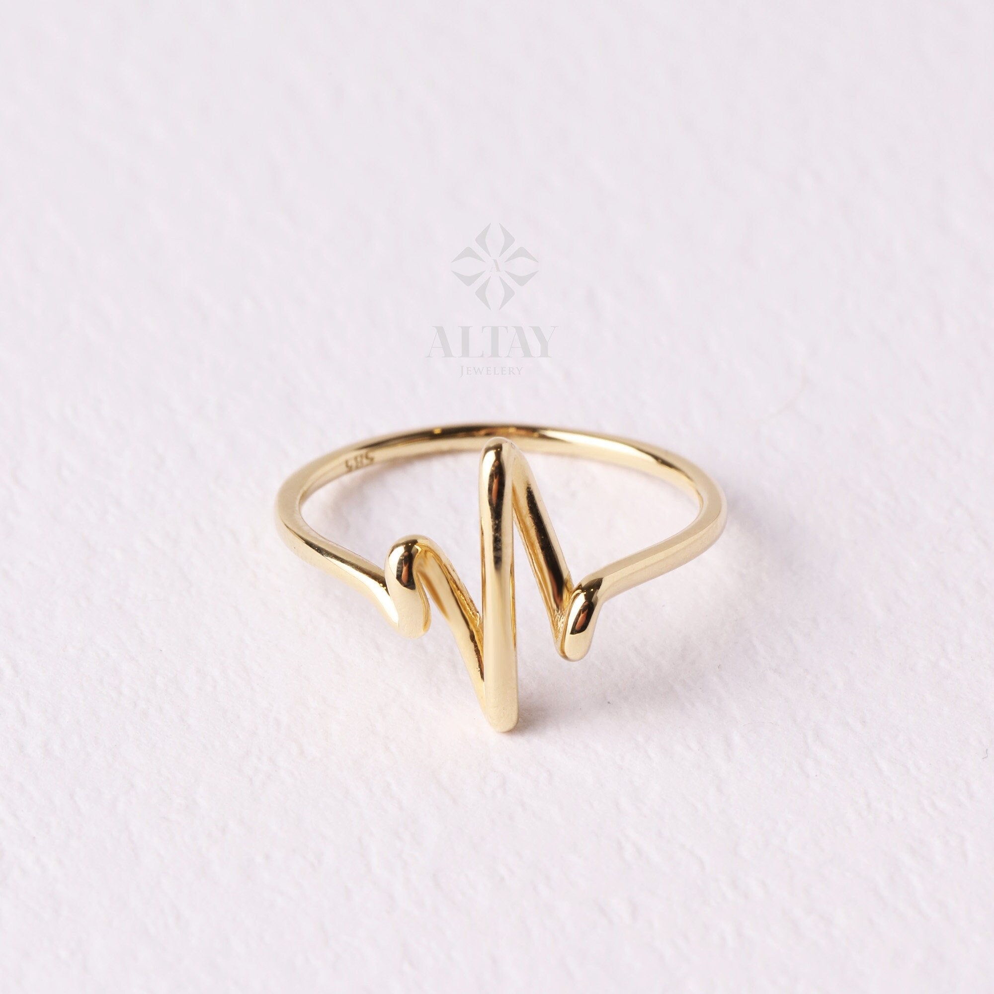 14K Gold Heartbeat Ring, Lifeline Pulse Band Ring