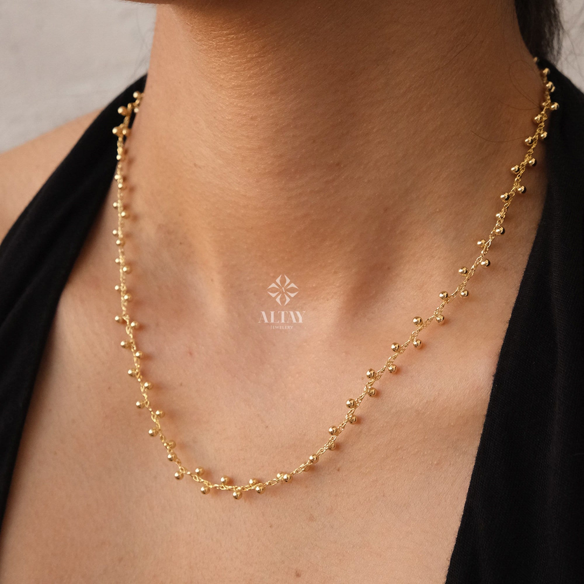 14K Gold Bead Chain Necklace, Mini Balls Necklace