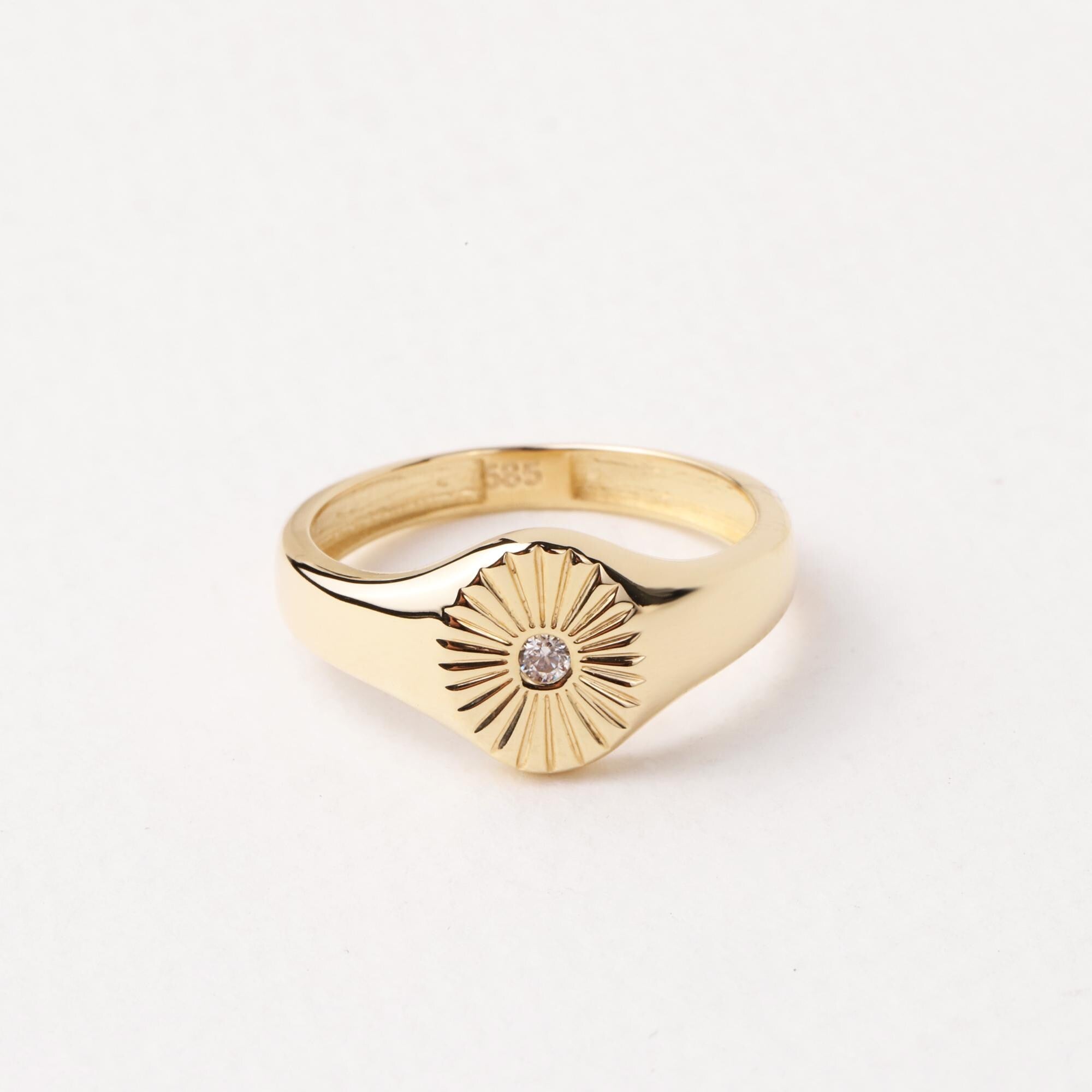 14K Gold Sun Signet Ring, Sun Engraved Dainty Ring